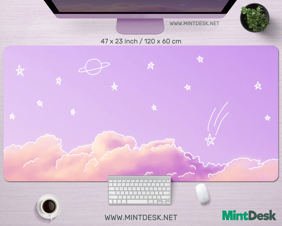 Peach Pink Cute Desk Mat, Pastel Hand Drawn Kawaii Clouds Deskmat Xxl ...
