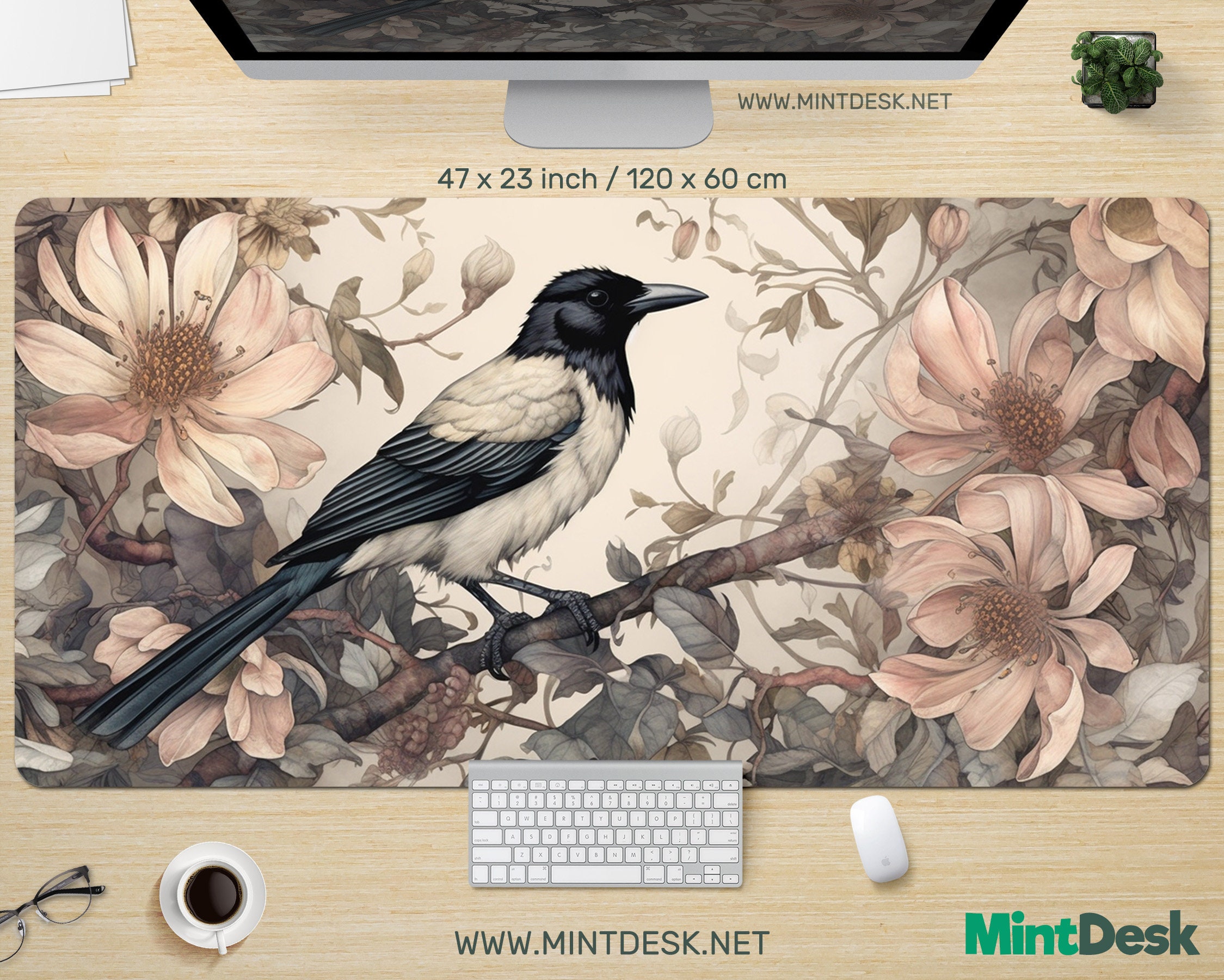 Magpie Desk Mat, Bird Boho Deskmat Xxl, Animal Mouse Pad Xl, Cozy Home ...