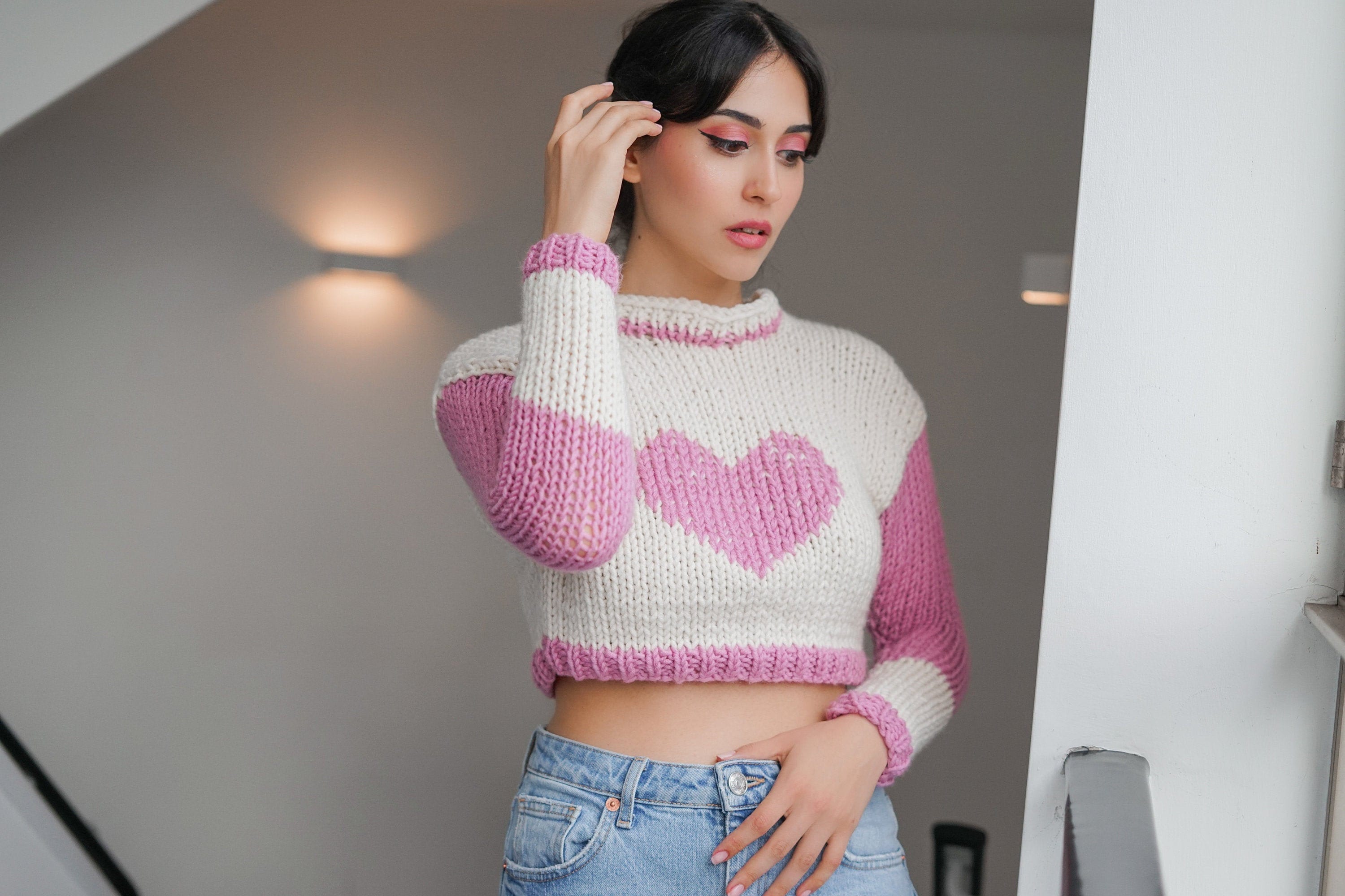 Wool Blend Knit Sweater, Pink Heart, Pink White Knitted Jumper, Chunky ...