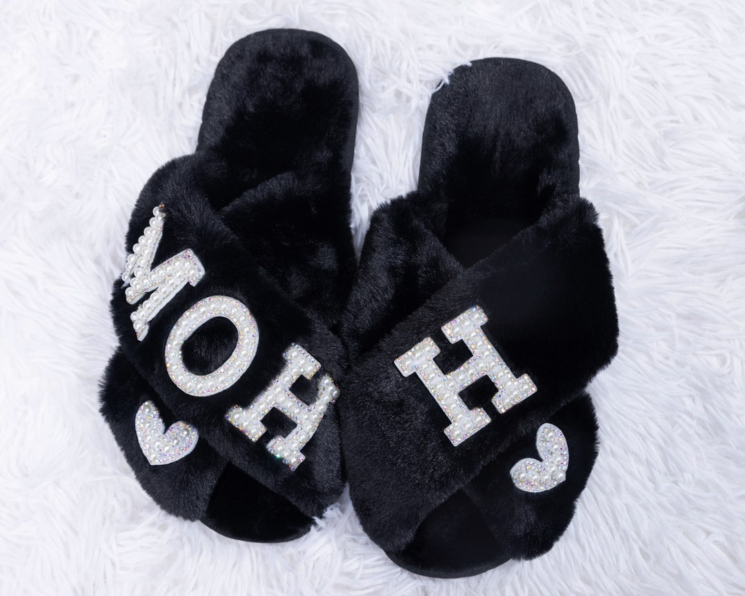 Handmade Fluffy Black Slippers: Custom Initial Gift - Etsy