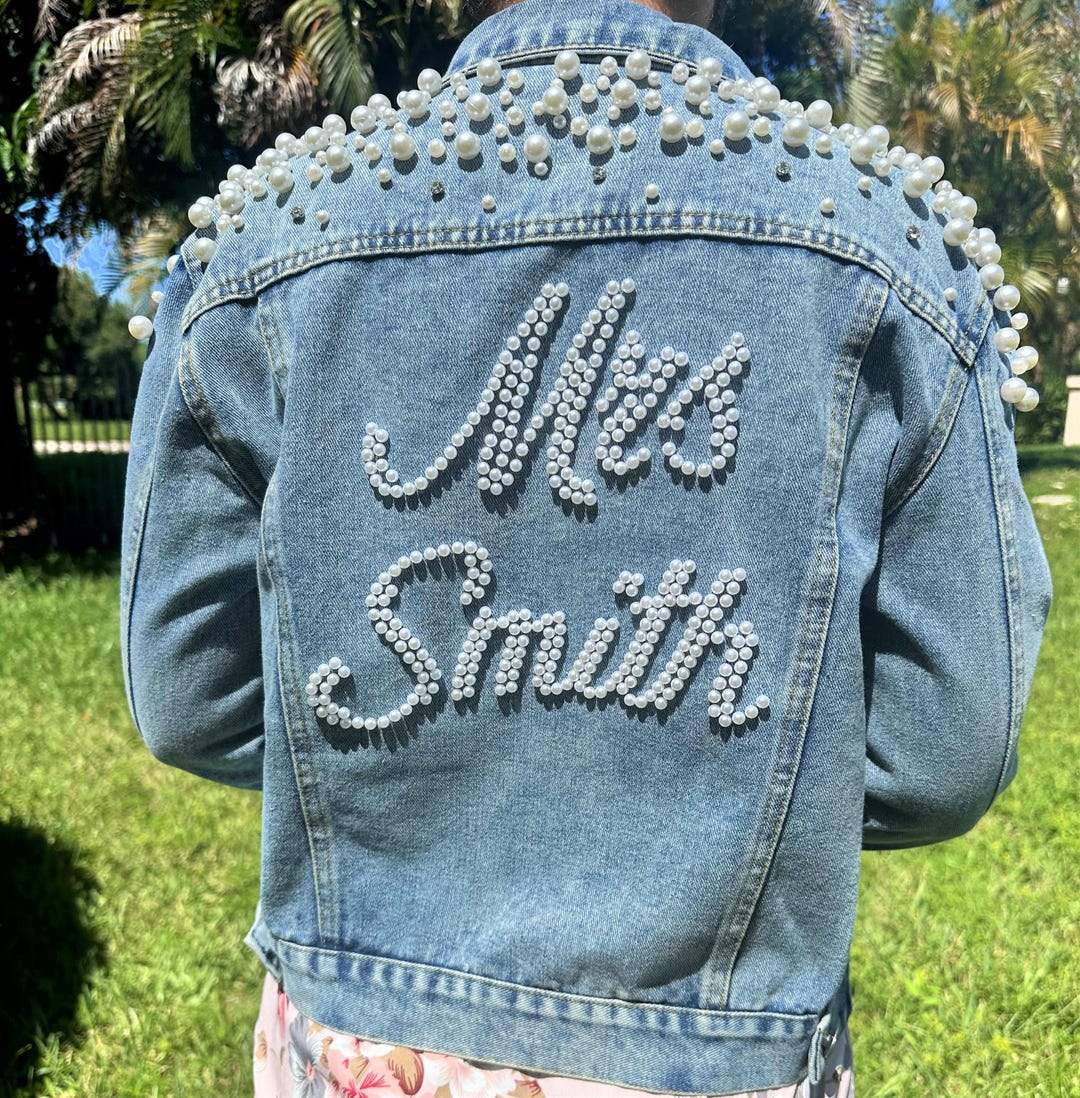 Custom BRIDE-PEARL Letter JACKET, Bridal Denim Jacket With Pearls, Mrs ...