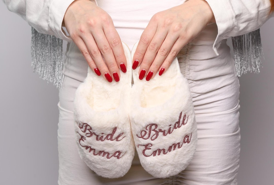 Custom Bride Slippers – Fluffy With Sparkling Rose Gold Personalization ...