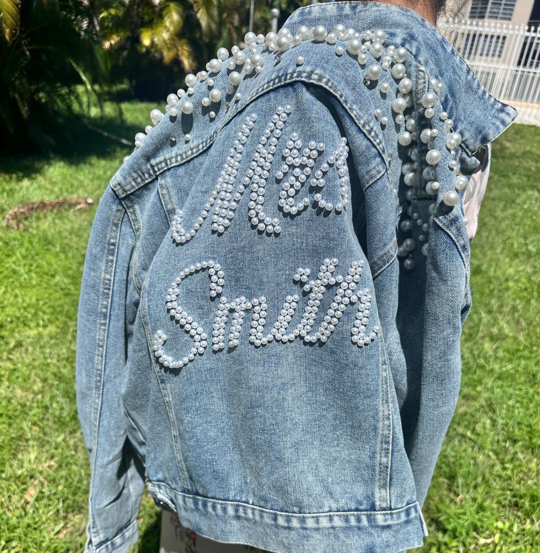 Custom Bridal Denim Jacket With Pearls – Personalized Mrs. Jean Jacket ...