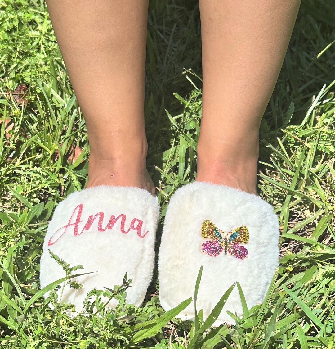 Personalized Butterfly Slippers: Crystal Brooch, Cozy Fur Slippers - Etsy