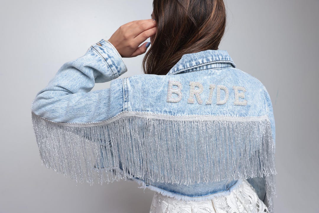Custom Fringe Denim Jacket – Personalized Bride Crop Jean Jacket for ...