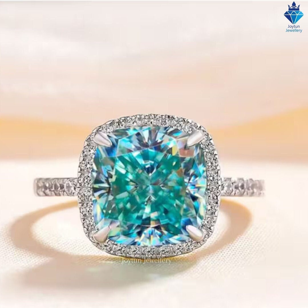 2.90 TW Huge Cyan Blue Cushion Cut Moissanite Engagement Ring, 18K ...