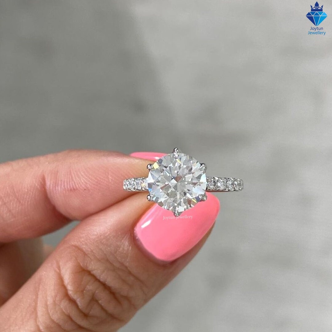 2CT Round Cut Moissanite Tulip Setting Engagement Ring, 6-prong Promise ...