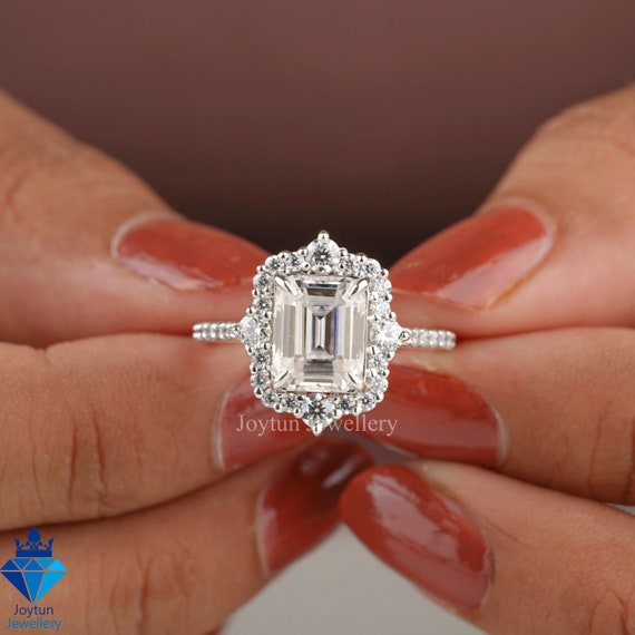 Halo Engagement Ring 2.50 CT Emerald Cut Colorless Moissanite - Etsy