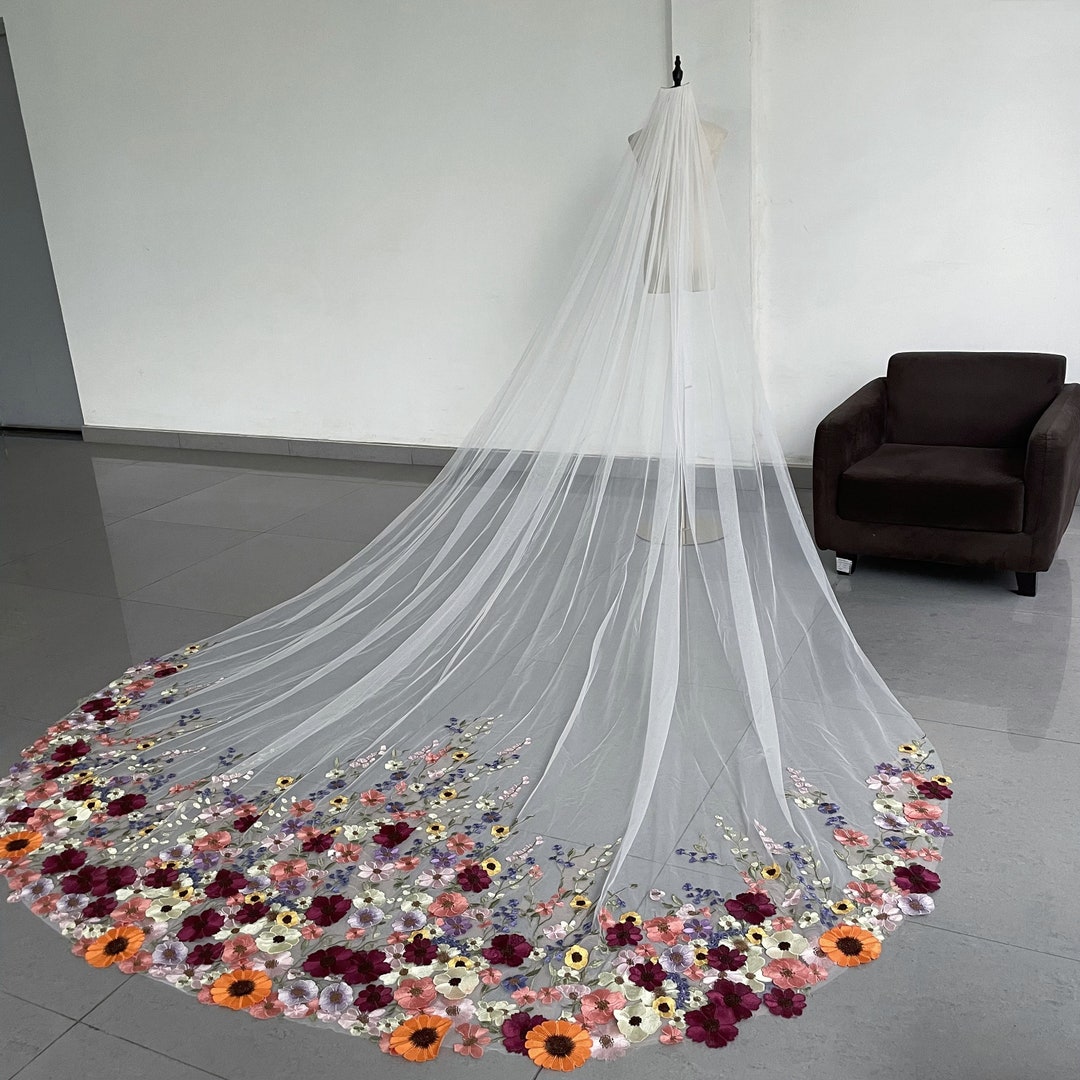 Colorful Daisy Embroidered Wedding Veil Bridal Plants Veil - Etsy