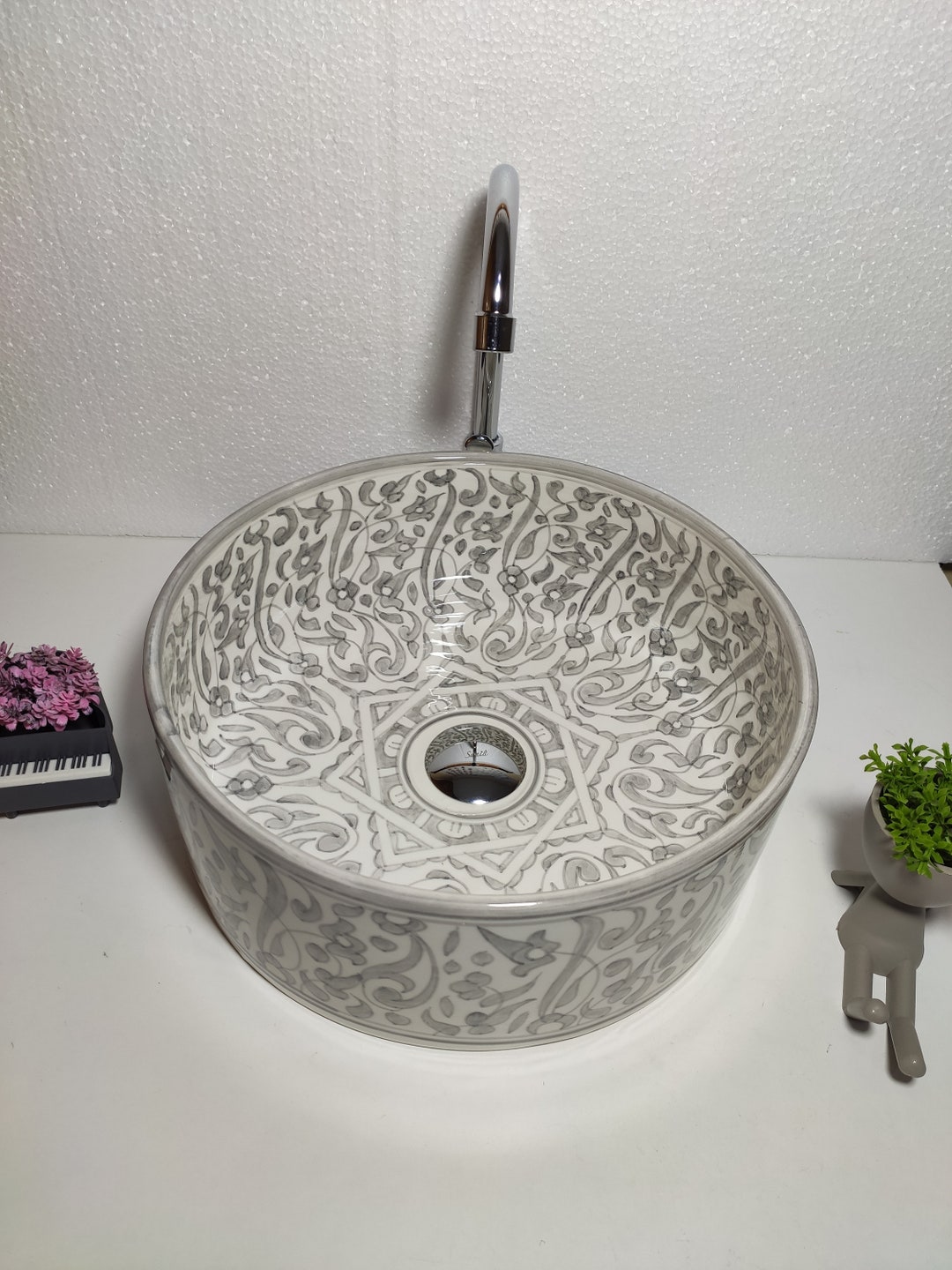 Bathroom Vessel Sink Light Grey Basin Ceramic 100% Handmade Modern ...