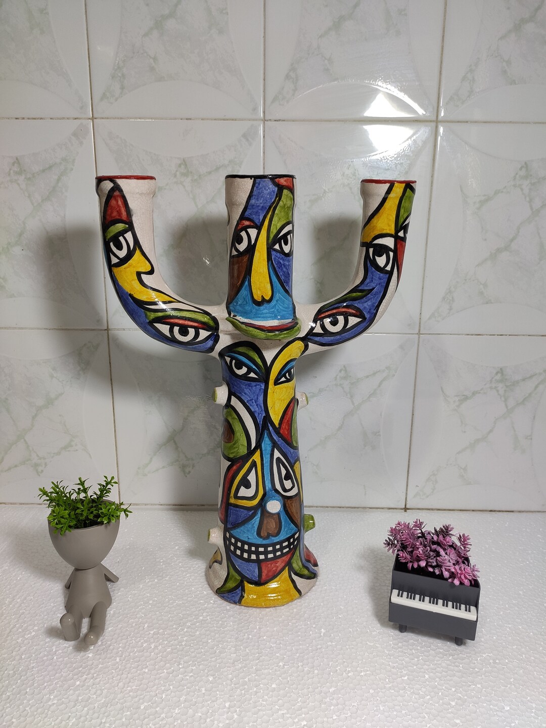 Rare Pablo Picasso Style Candle Holder: Moroccan Handmade Crackle Decor ...