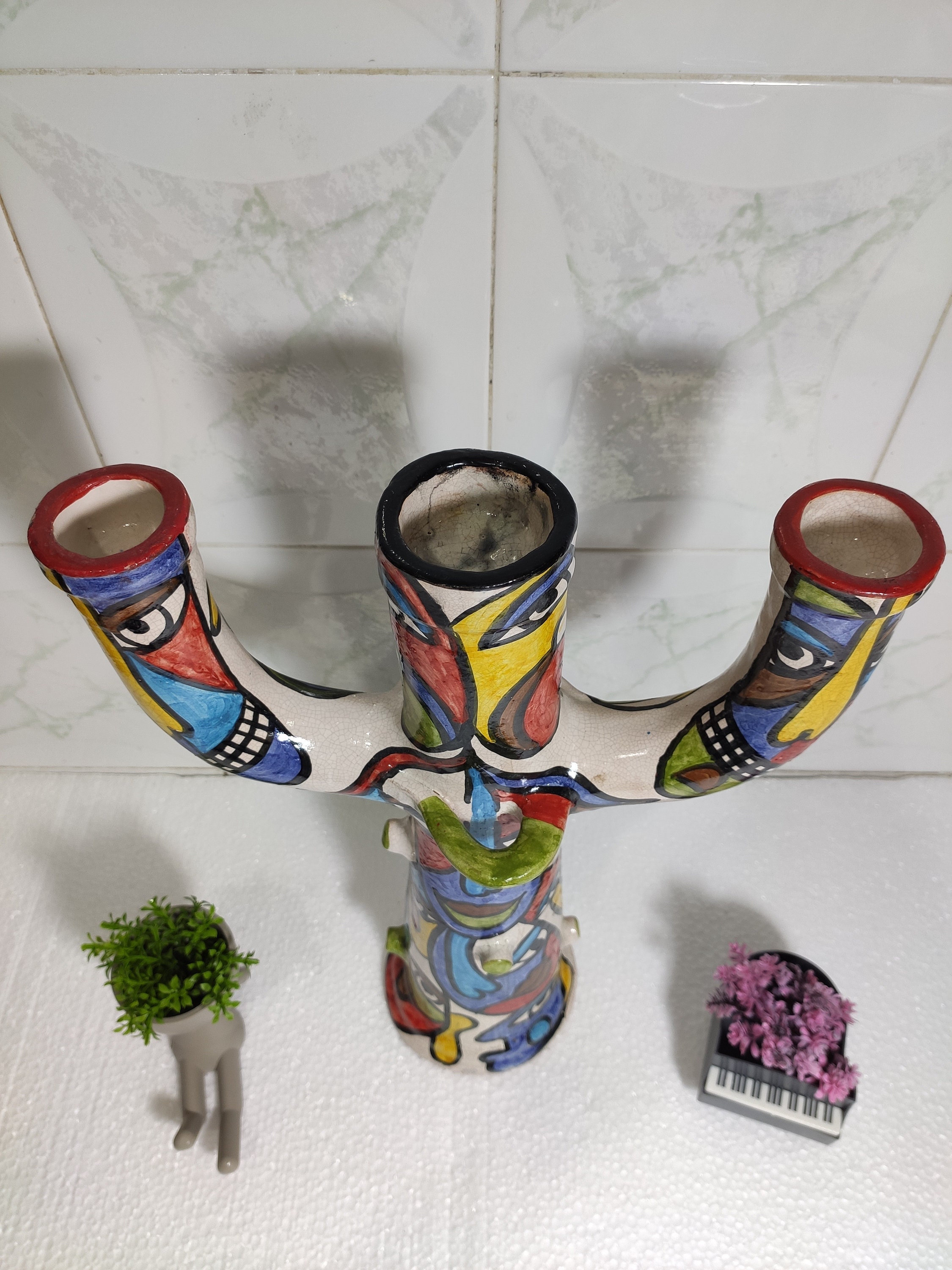 Rare Pablo Picasso Style Candle Holder: Moroccan Handmade Crackle Decor ...