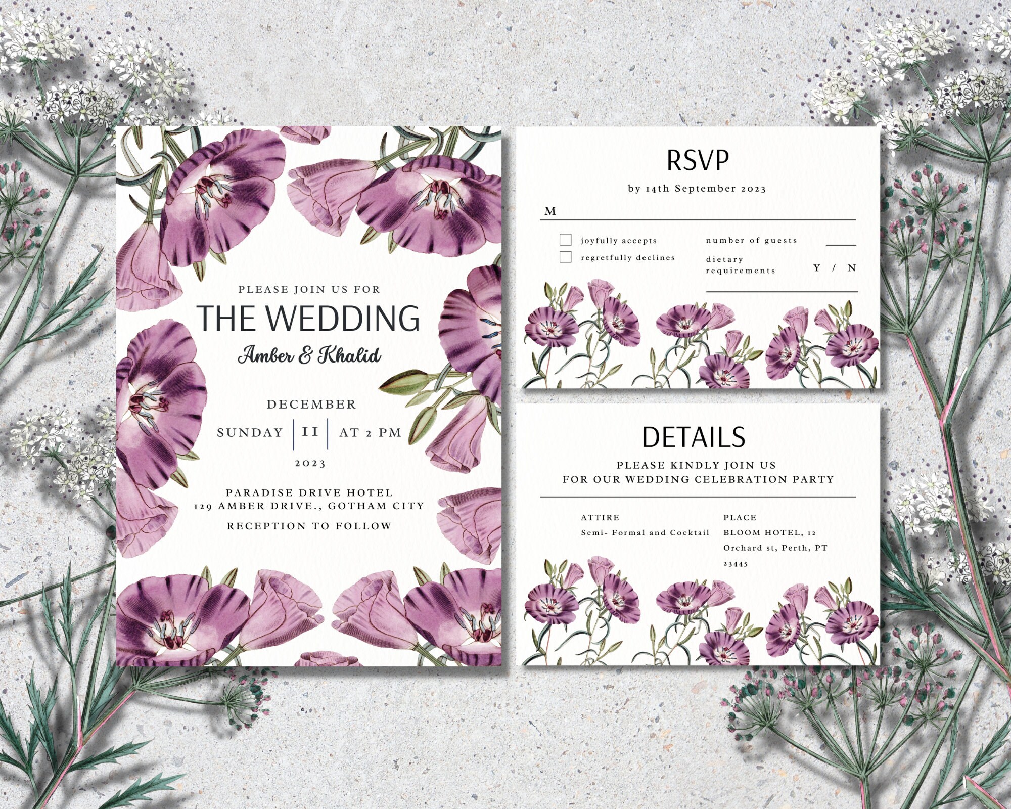 Floral Wedding Invitation Template Set Vibrant Elegant Vintage Style ...