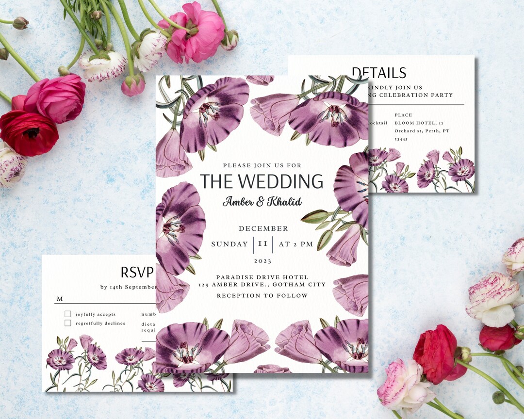 Floral Wedding Invitation Template Set Vibrant Elegant Vintage Style ...