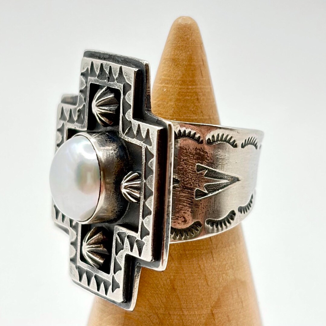 Vintage Dan Dodson Freshwater Pearl Santa Fe Cross Adjustable Ring - Etsy