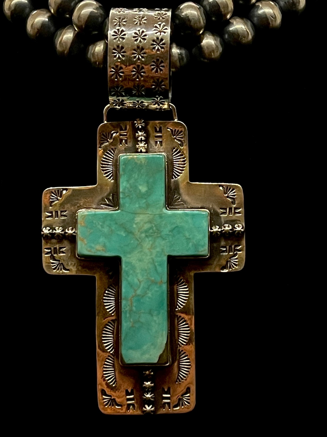 Dan Dodson Jumbo Royston Turquoise Cross on Hand Stamped Setting - Etsy