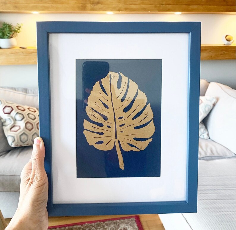 Monstera / Gold Swiss Cheese Leaf Lino Print | Etsy