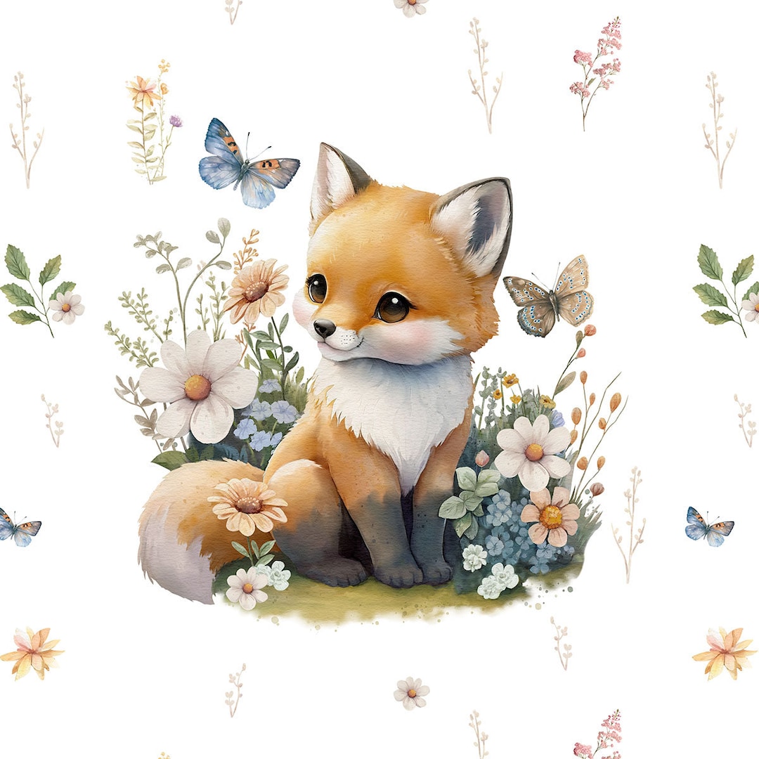 Meadow Fox Fabric Panel, Woodland Animals Fabric, Cute Floral Knit ...