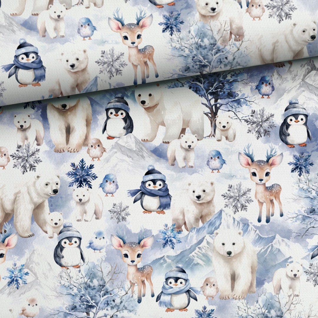 Snowy Forest Animals Fabric, Woodland Winter Fabric by Half Meter ...
