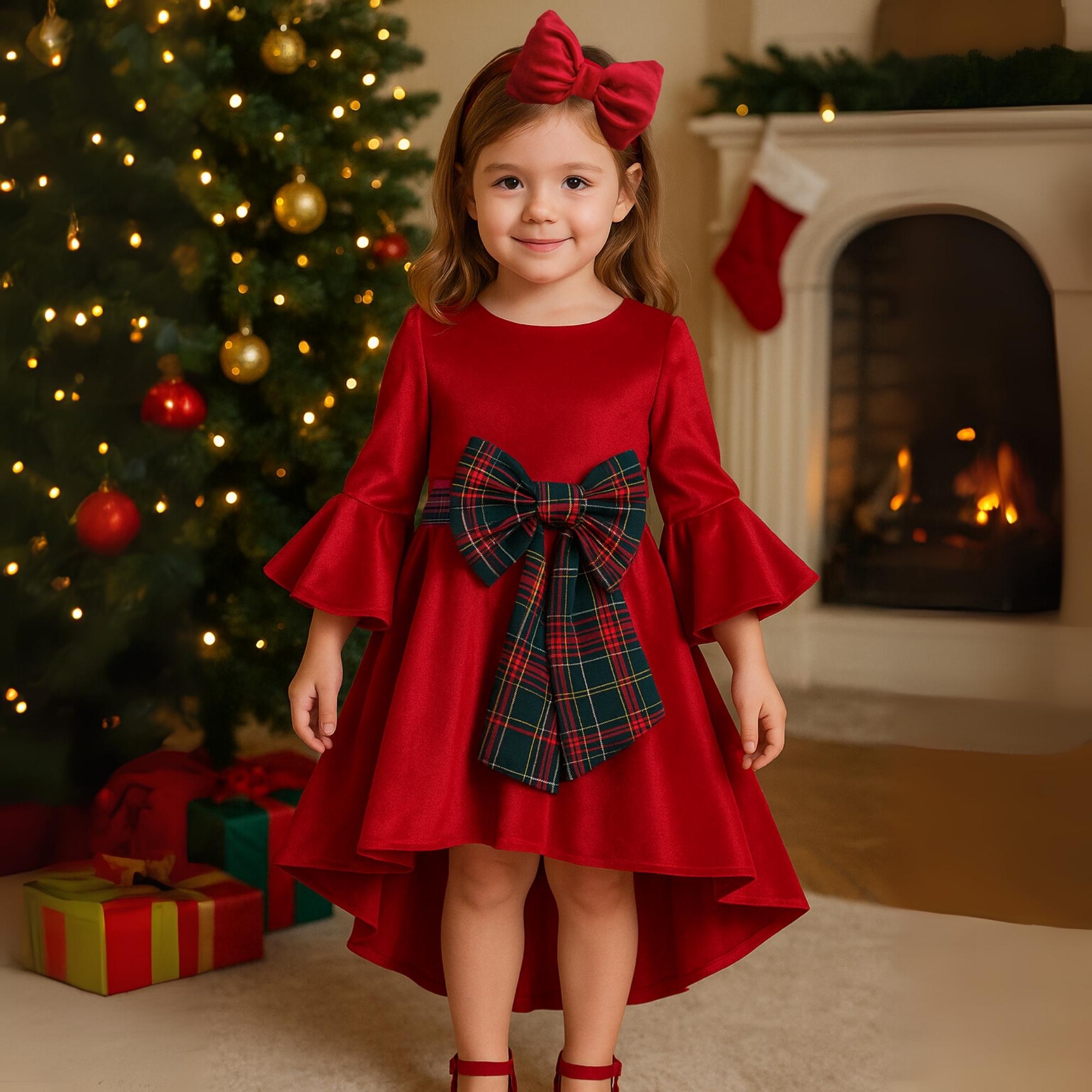 Red Velvet Toddler Girl Christmas Dress: Asymmetrical Bell Sleeve Girl ...