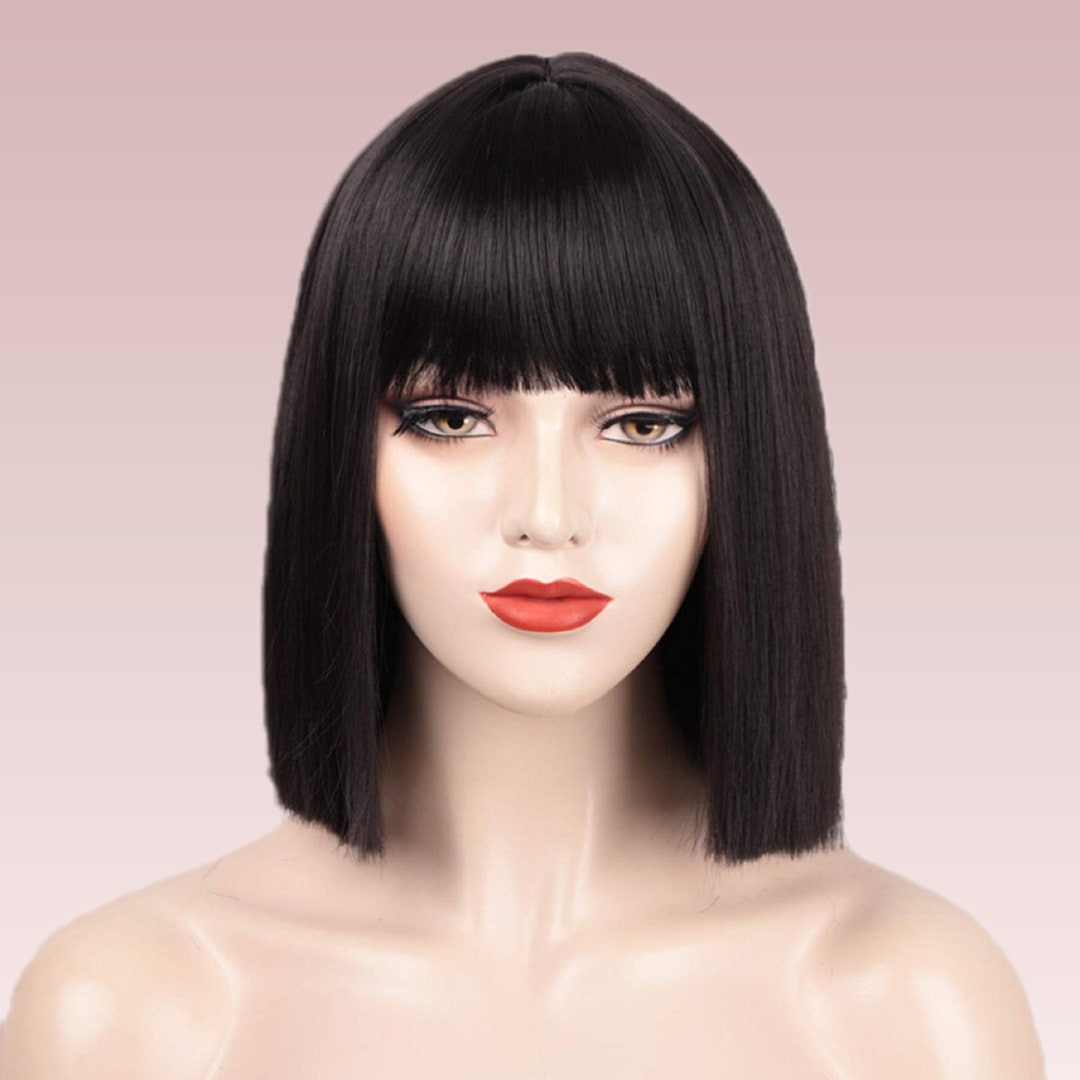Short Straight Black Bob Wig With Bangs Heat Resistant Synthetic Wig Natural Look Hair