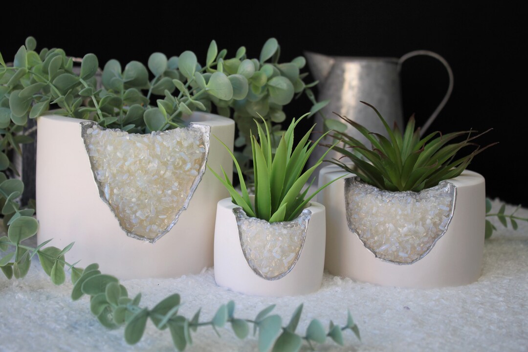 Opalite Crystal Planters With Silver Trim, Pretty Plant Pot, Crystal ...