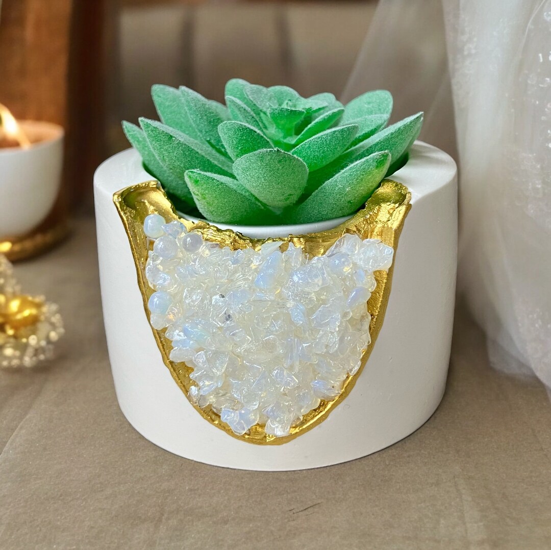 Opalite Crystal Plant Pot With Gold Trim - Etsy UK