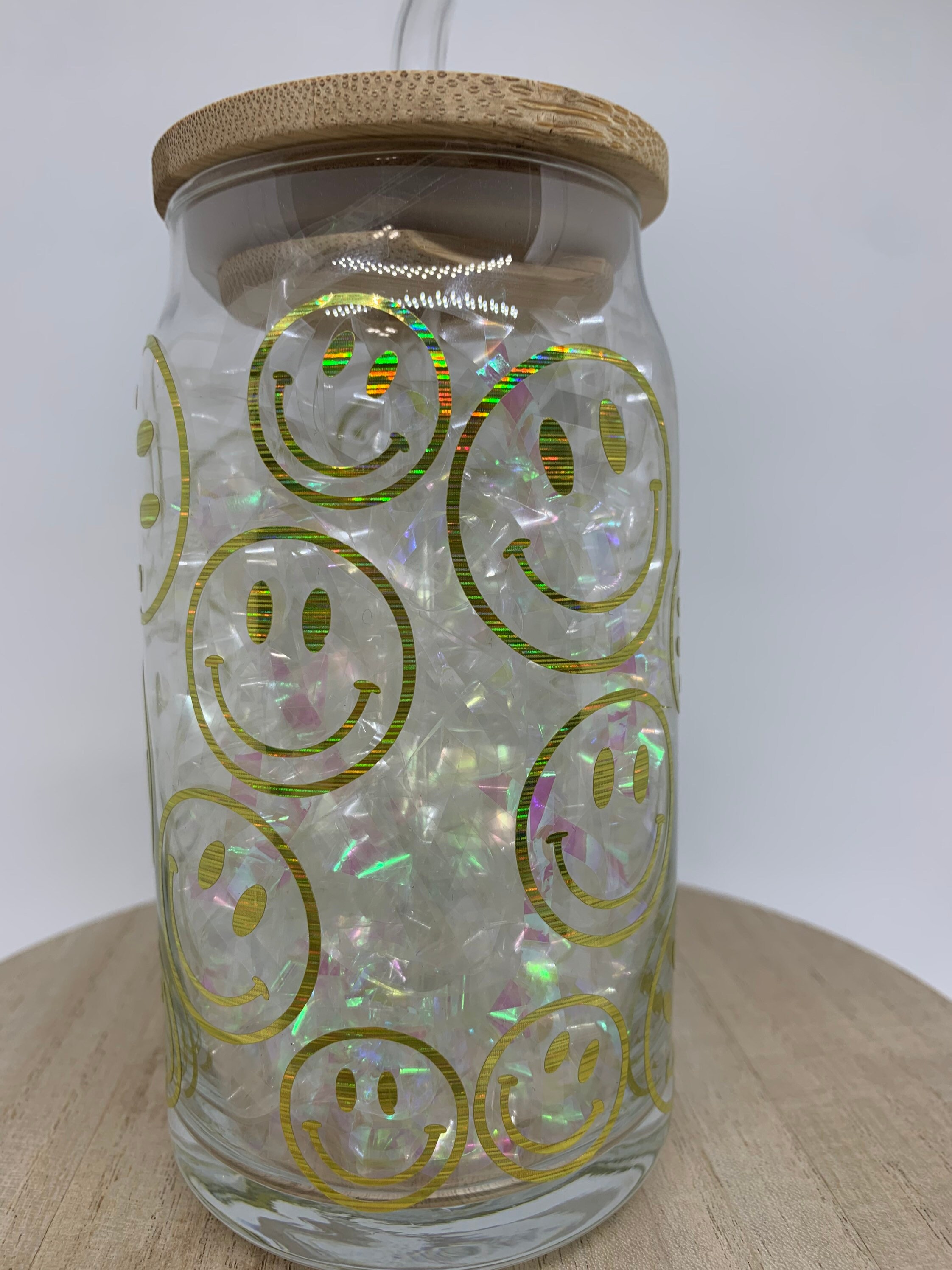 Iridescent Smiley Face Beer Can Glass| Iced Coffee| Bamboo Lid| Glass ...