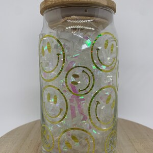 Iridescent Smiley Face Beer Can Glass| Iced Coffee| Bamboo Lid| Glass ...