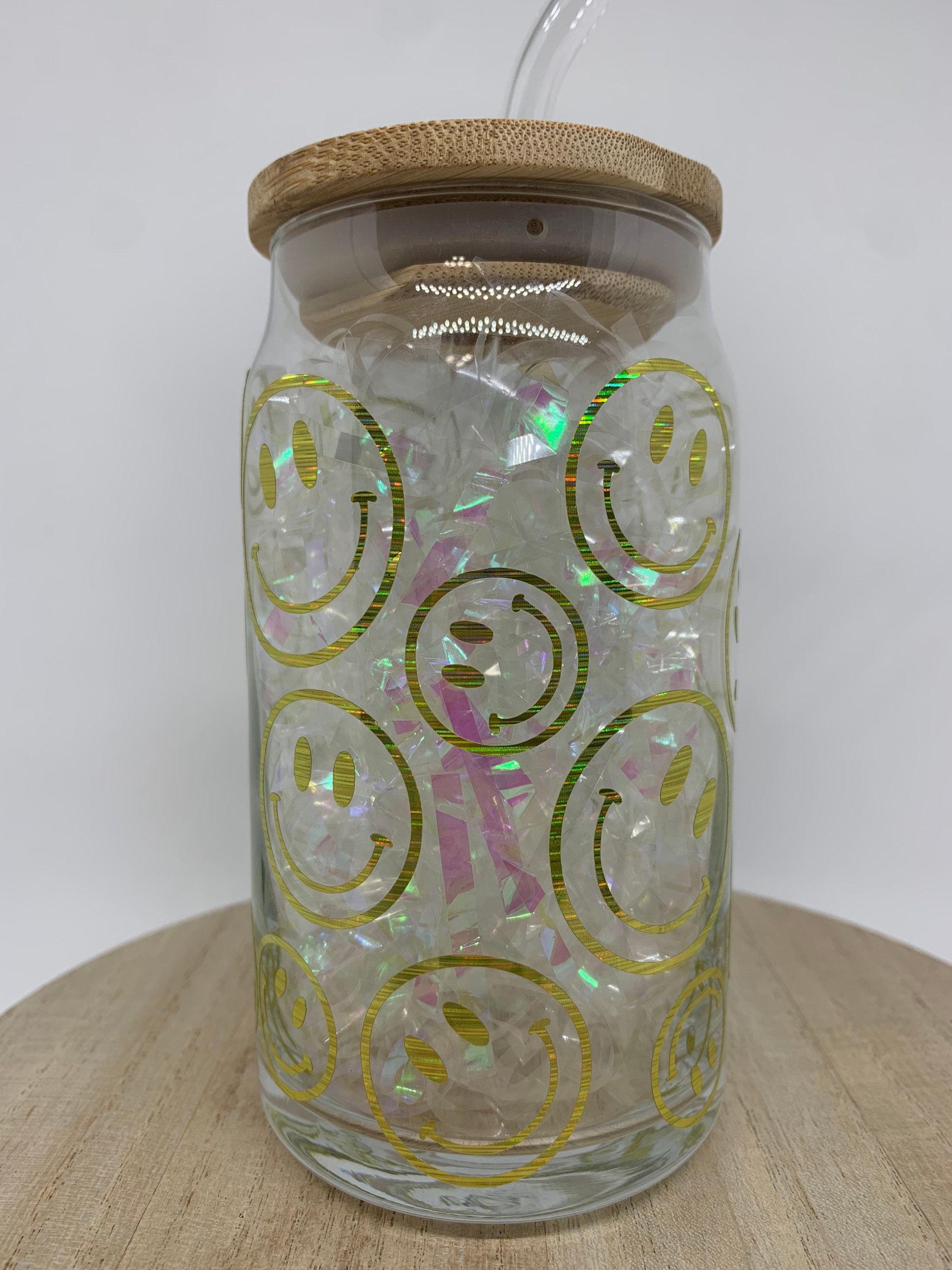 Iridescent Smiley Face Beer Can Glass| Iced Coffee| Bamboo Lid| Glass ...