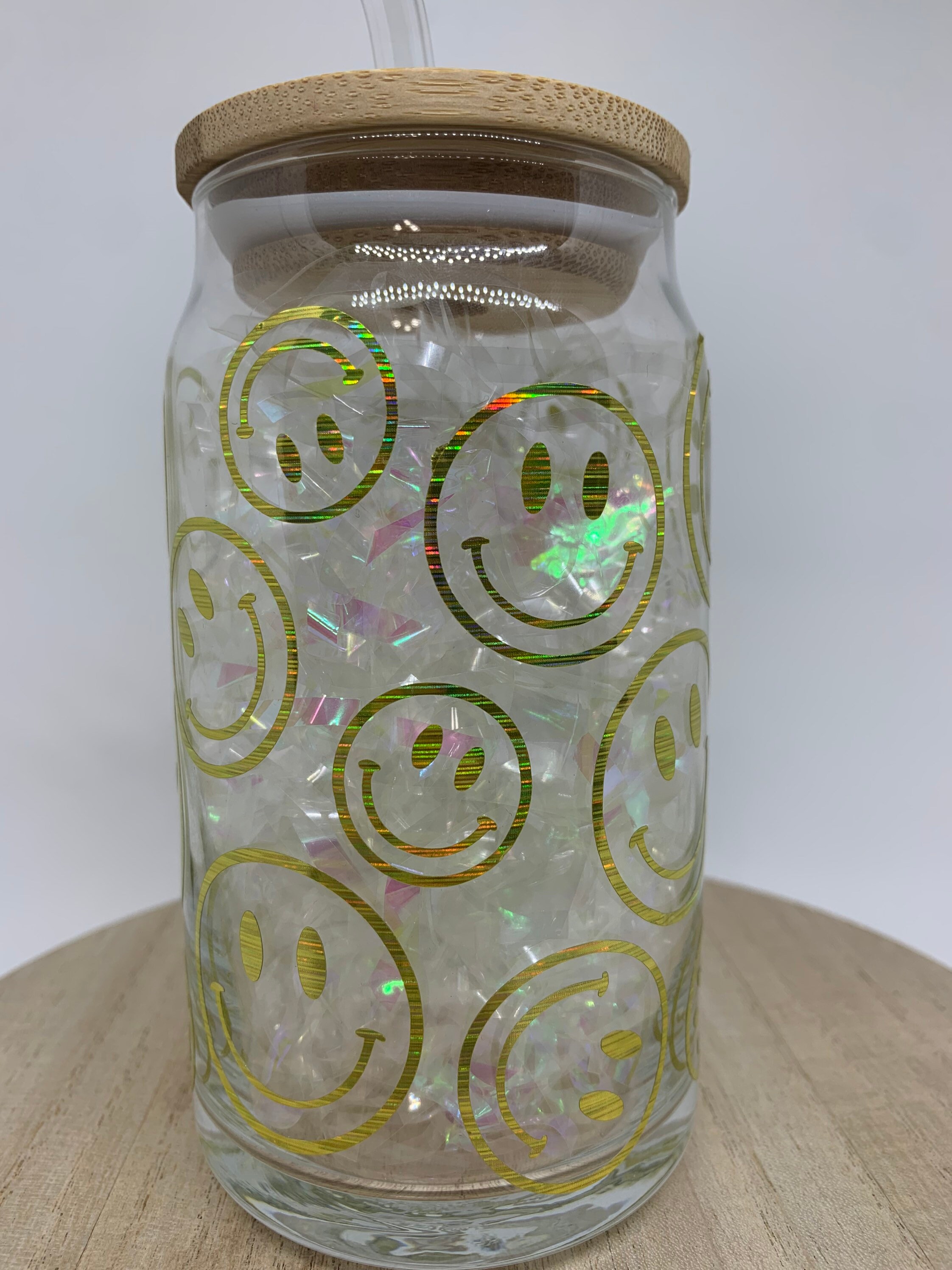 Iridescent Smiley Face Beer Can Glass| Iced Coffee| Bamboo Lid| Glass ...