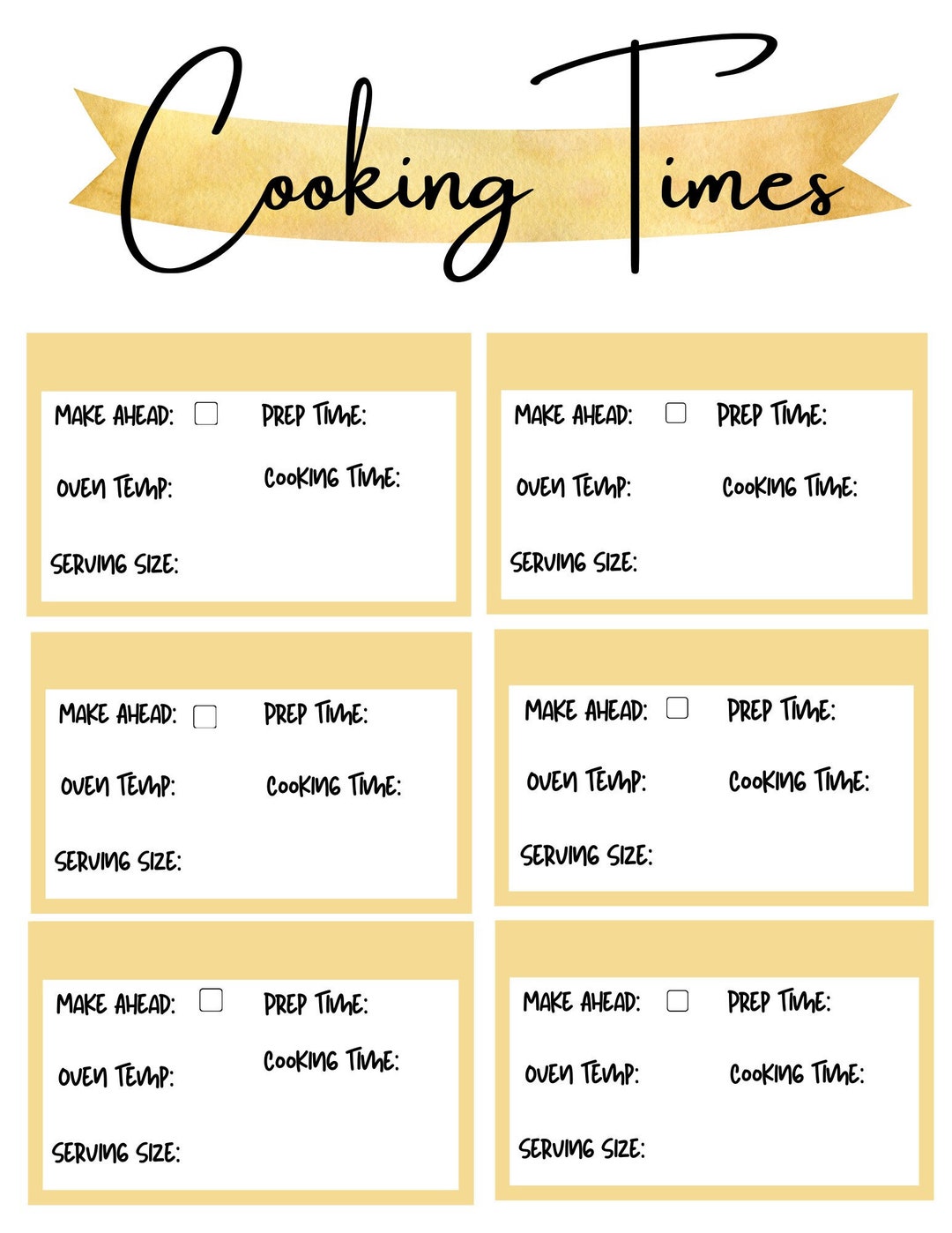 Cooking Times Planner Sheet| Blank Sheet | Instant Download| Printable ...