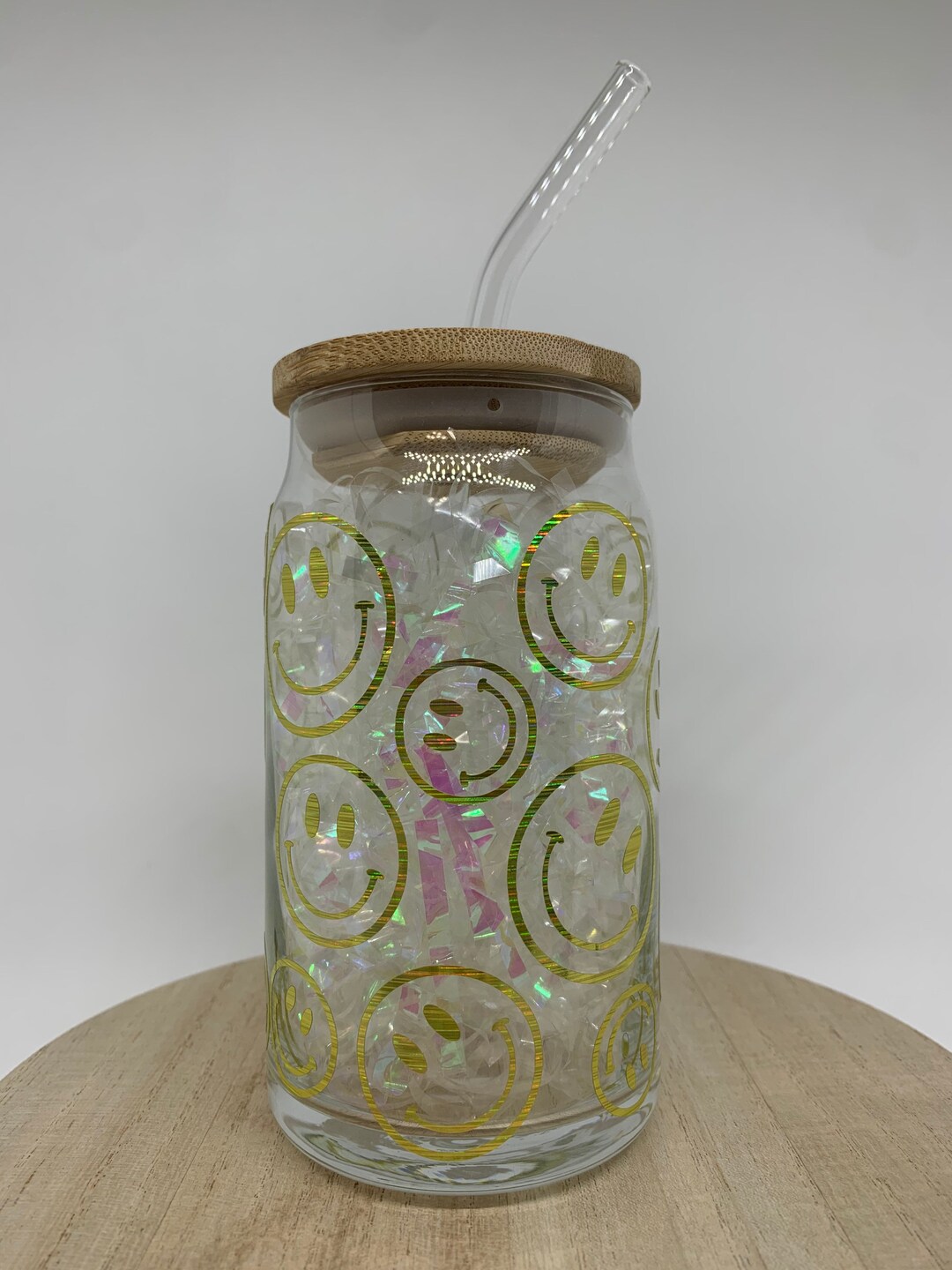 Iridescent Smiley Face Beer Can Glass| Iced Coffee| Bamboo Lid| Glass ...