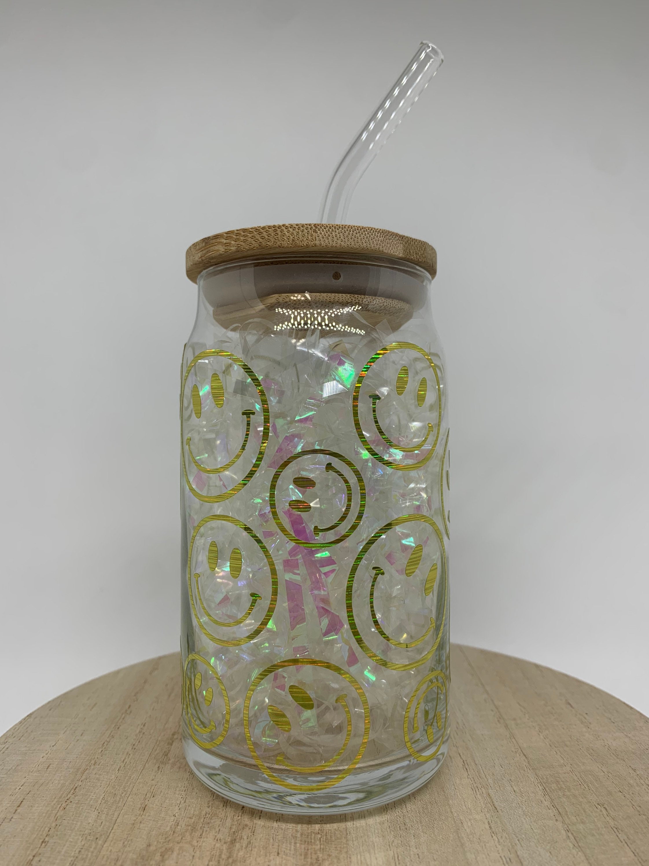 Iridescent Smiley Face Beer Can Glass| Iced Coffee| Bamboo Lid| Glass ...