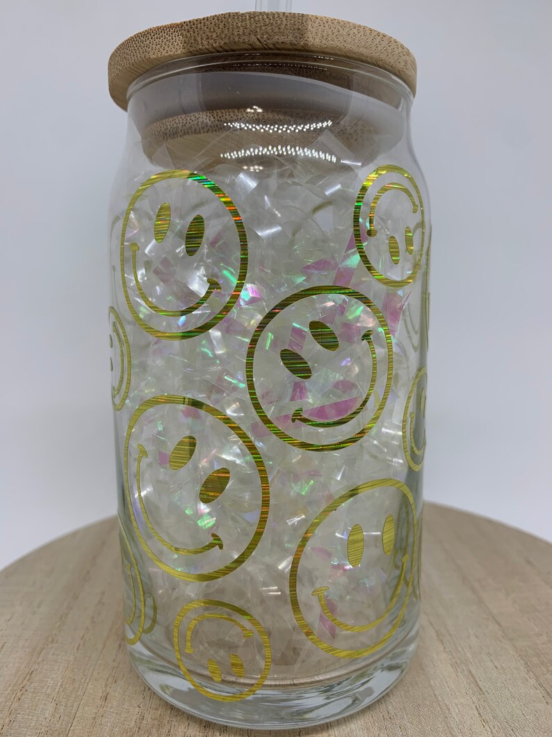 Iridescent Smiley Face Beer Can Glass| Iced Coffee| Bamboo Lid| Glass ...
