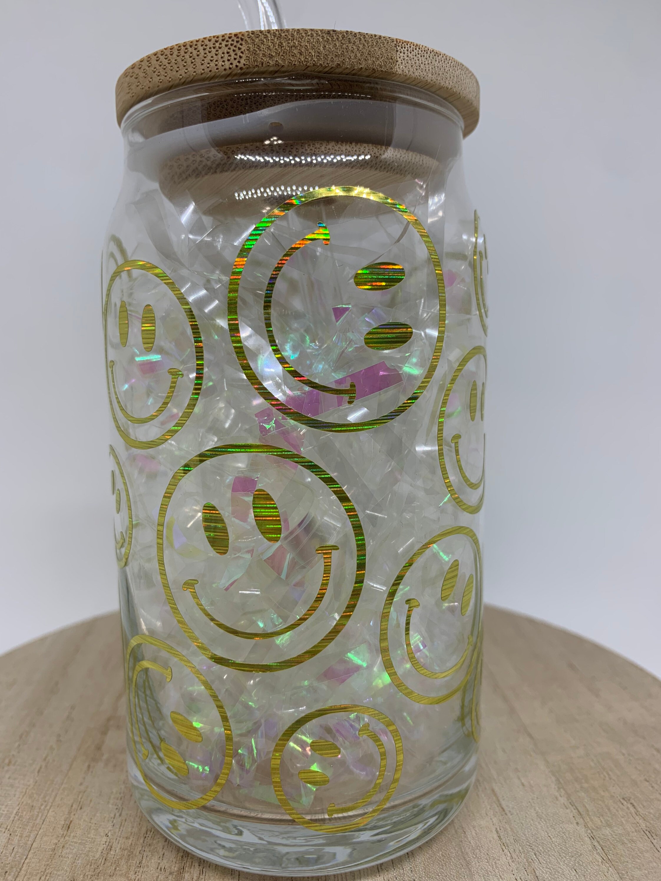 Iridescent Smiley Face Beer Can Glass| Iced Coffee| Bamboo Lid| Glass ...