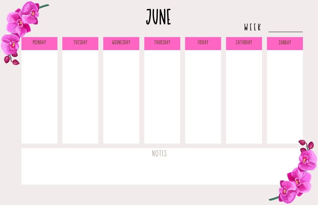 June Blank Weekly Calendar| Orchid Weekly Planner| Weekly Planner ...
