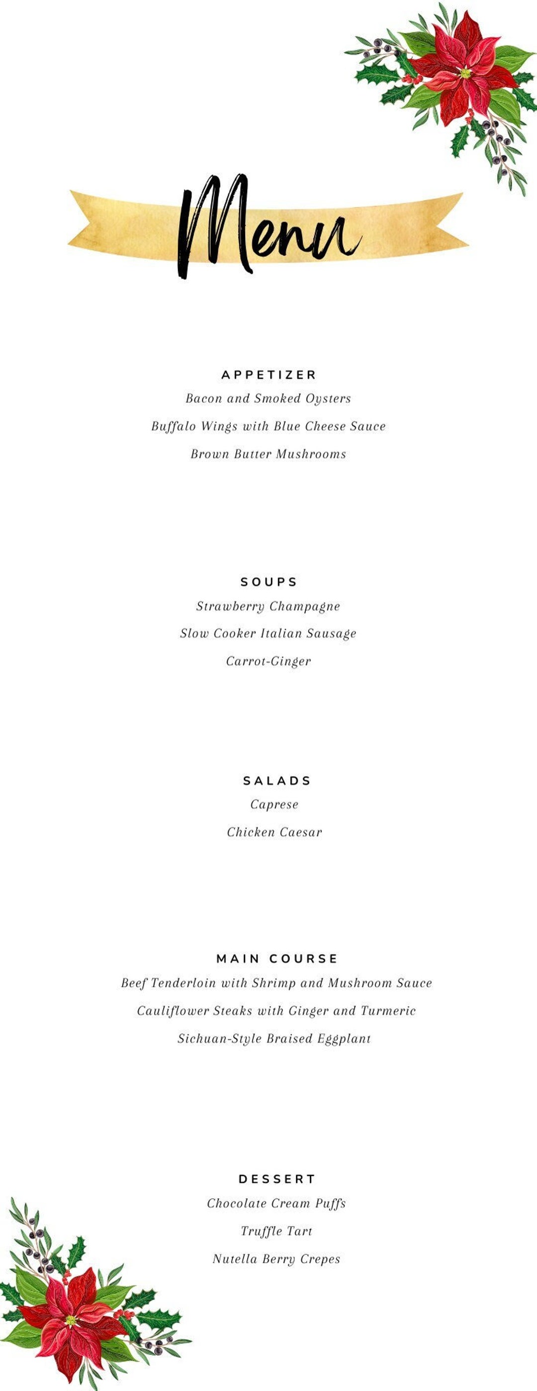 Poinsettia Christmas Party Dinner Menu | Christmas Party Menu ...