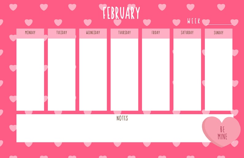 February Blank Weekly Calendar| Hearts| Weekly Planner| Instant ...