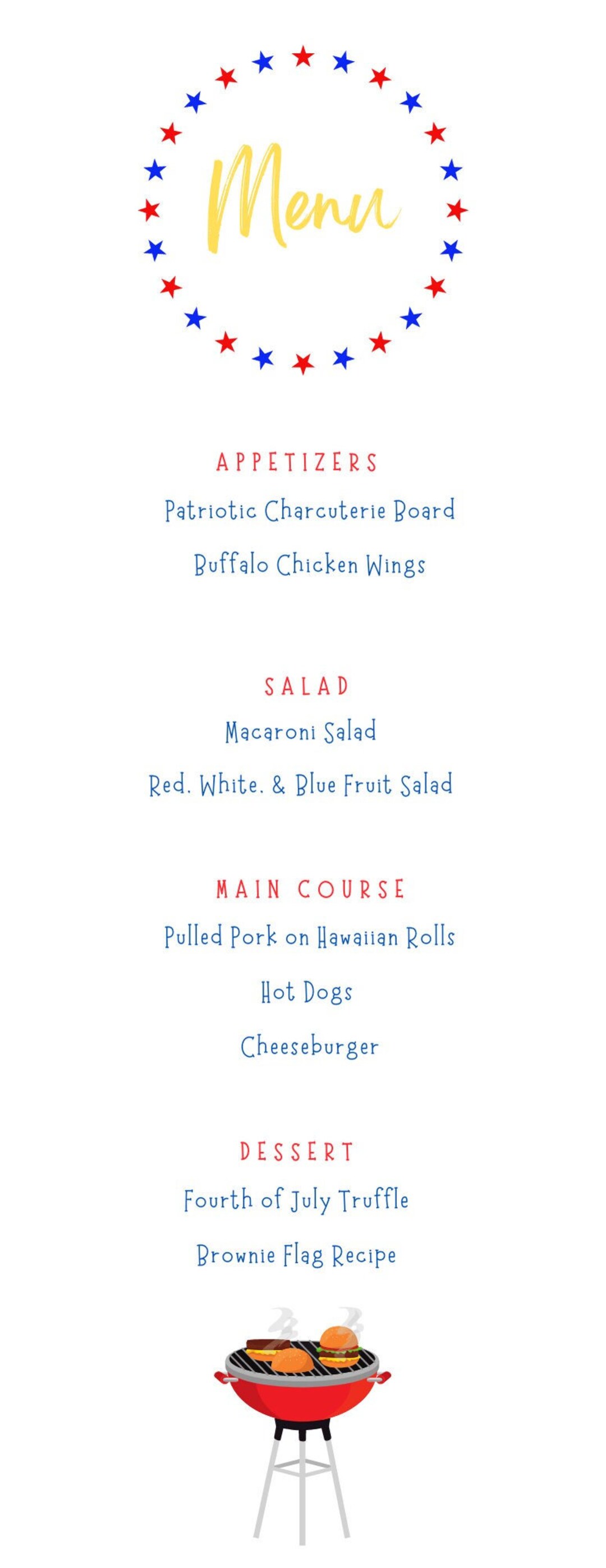 Fourth of July Dinner Menu |personalized Menu| Independence Day Dinner ...
