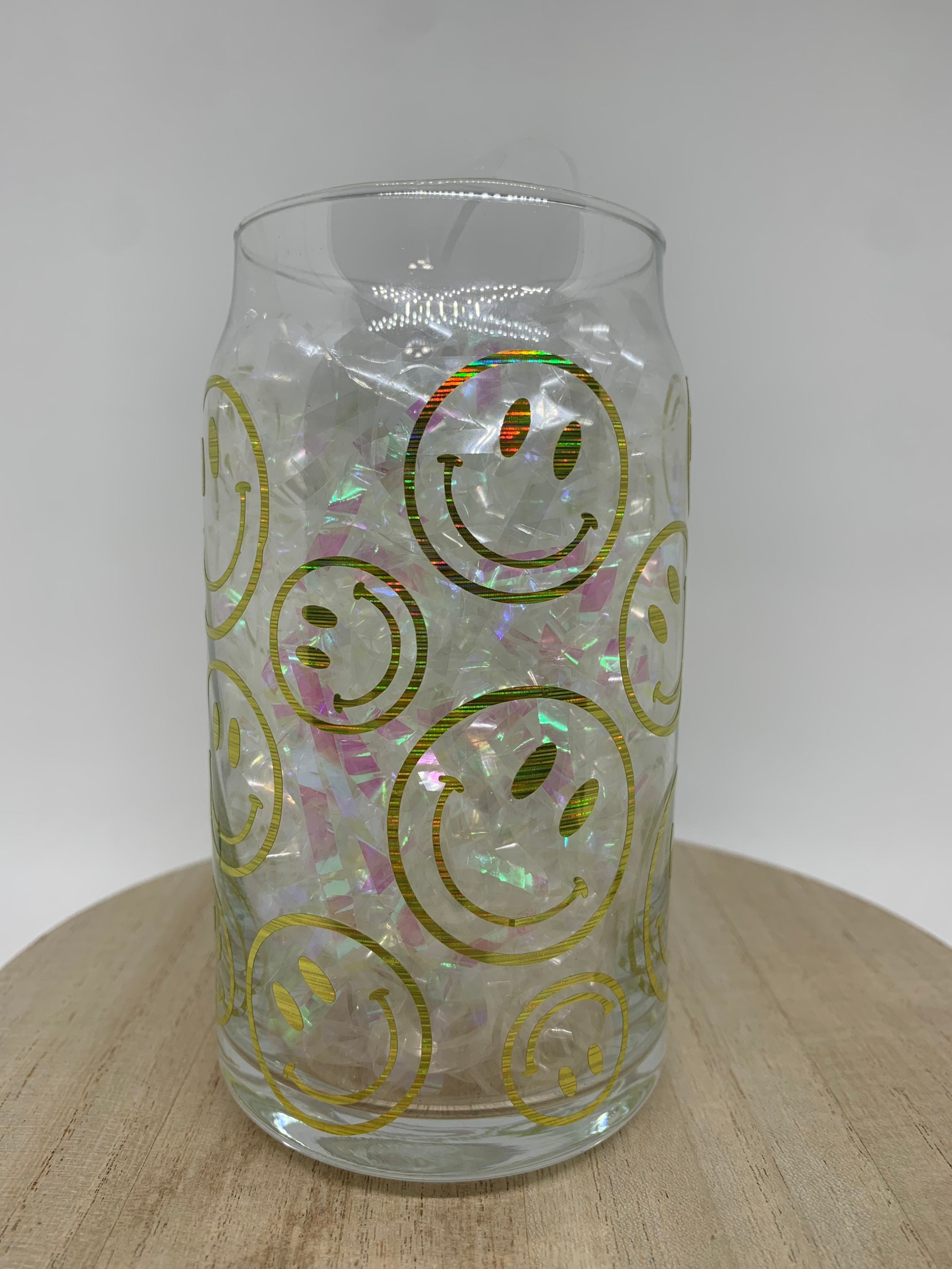 Iridescent Smiley Face Beer Can Glass| Iced Coffee| Bamboo Lid| Glass ...