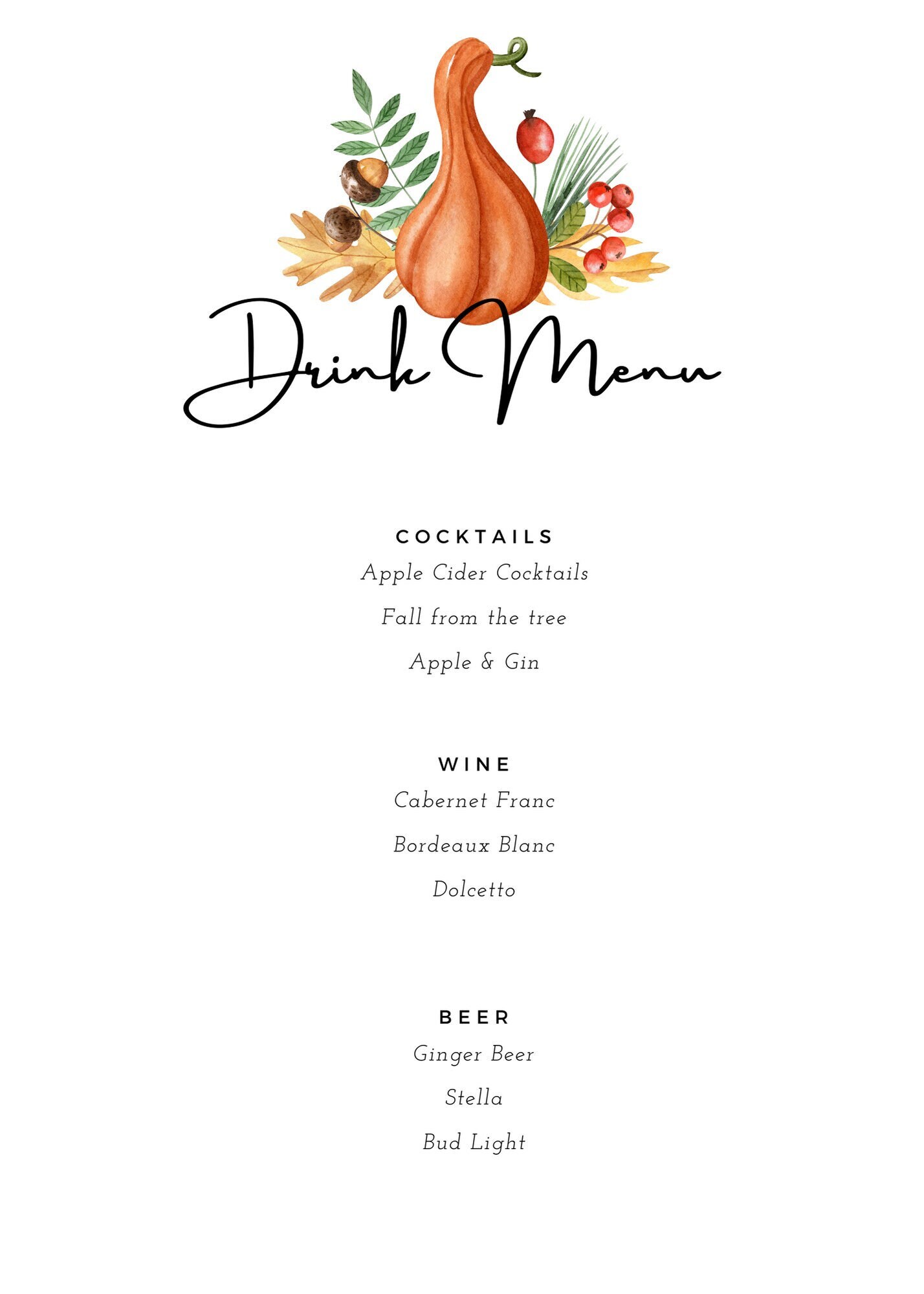 Fall Drink Menu for Party| Printable| Personalized Menu| Pumpkin| Baby ...