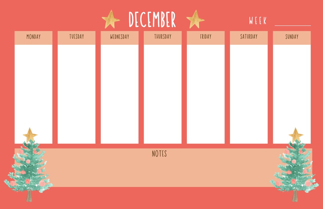 December Blank Weekly Calendar| Christmas Trees| Weekly Planner ...