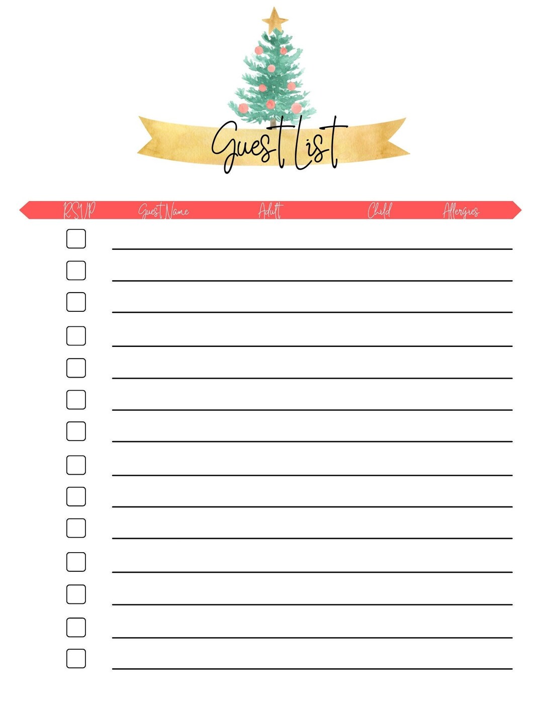 Christmas Dinner Guest List Planner | Instant Download| Printable ...