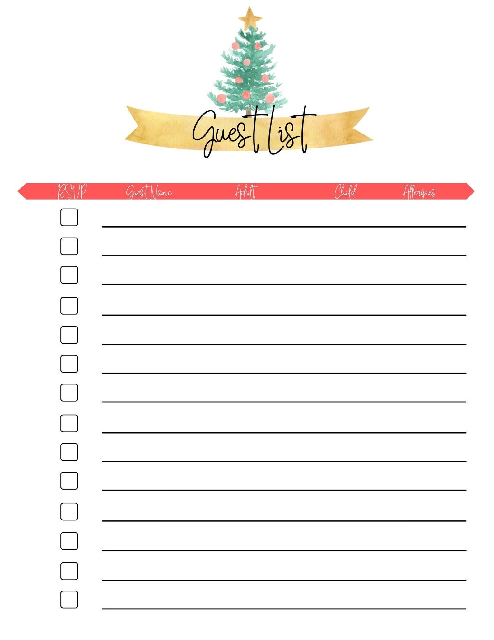 Christmas Dinner Guest List Planner | Instant Download| Printable ...