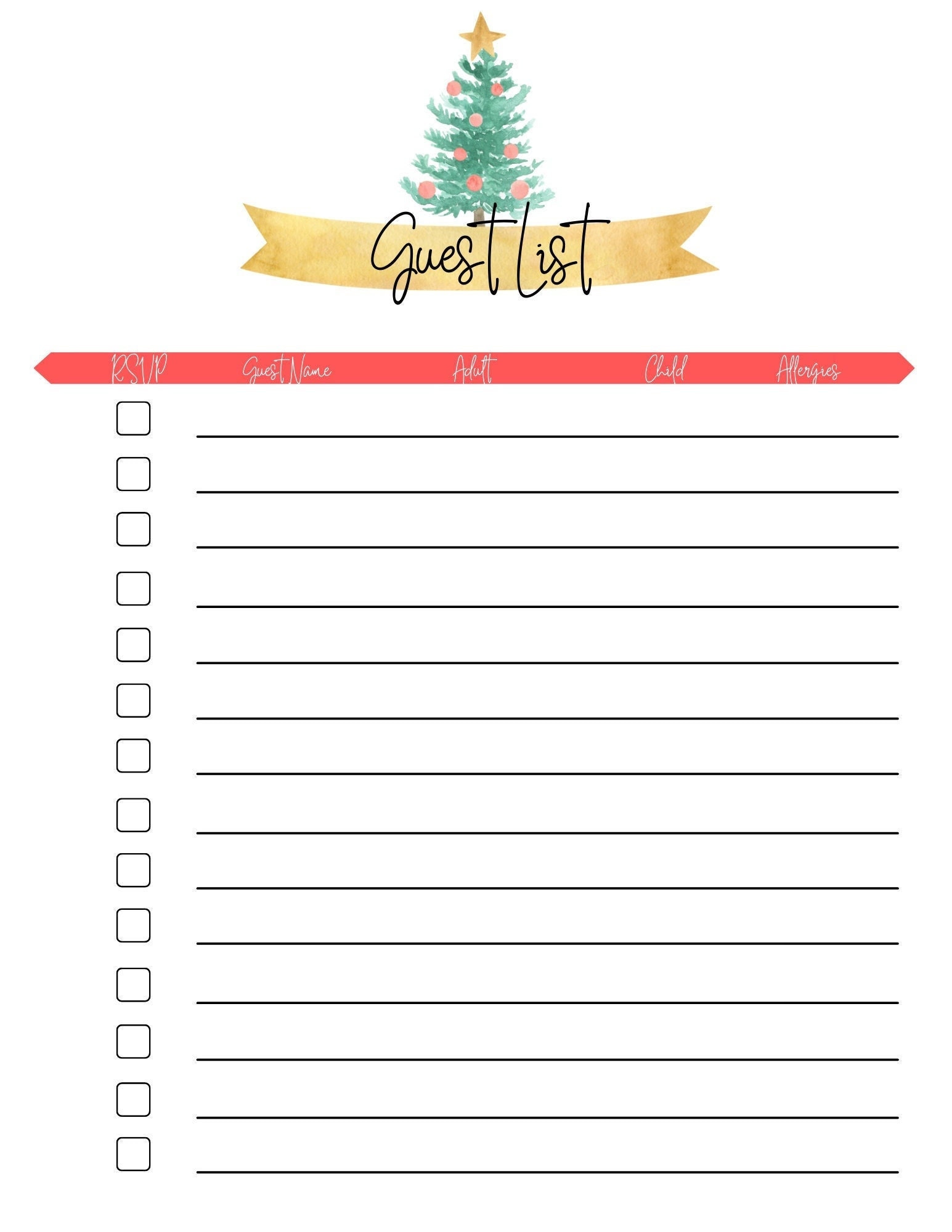 Christmas Dinner Guest List Planner | Instant Download| Printable ...