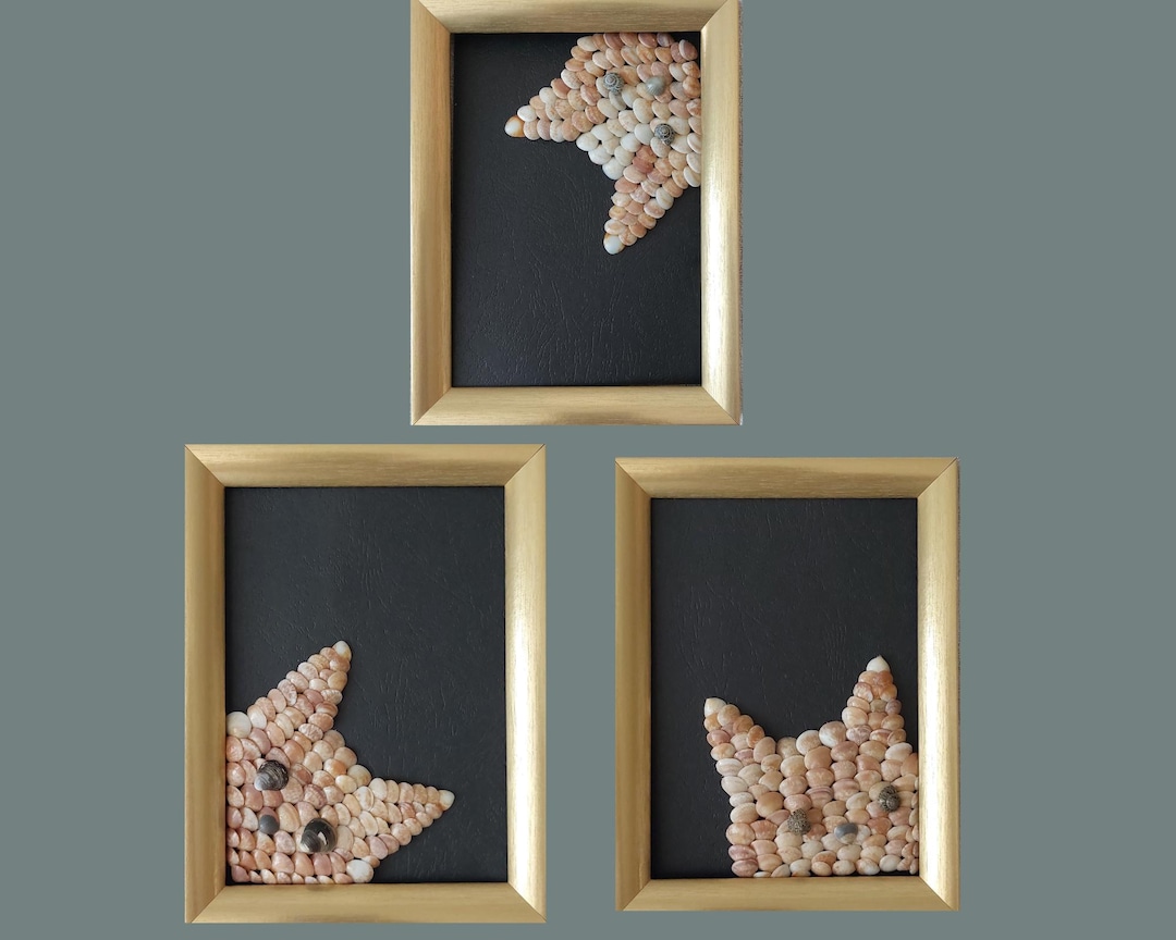 Seashell Mosaic Cat Art: Gold Frame, Handmade Beach Decor - Etsy