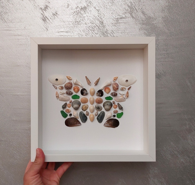 Butterfly Framed Butterfly Seashell Wall Decor Sea Glass Art Seashell ...