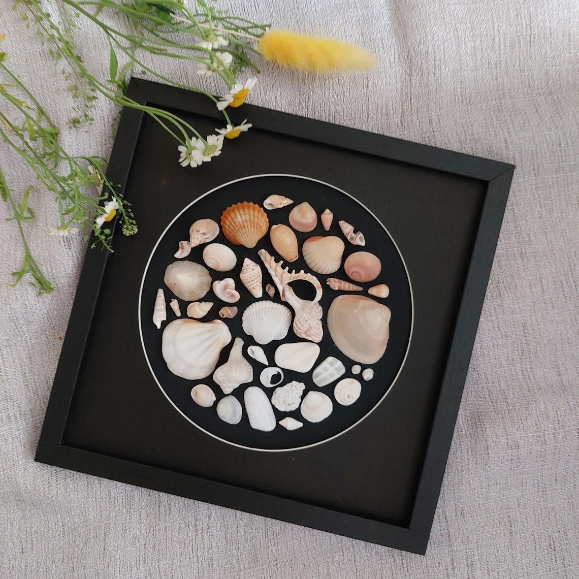 Set Mosaic Seashell Art Circle Yellow White Seashell Wall Decor Collage ...