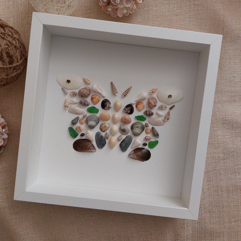 Butterfly Framed Butterfly Seashell Wall Decor Sea Glass Art Seashell ...